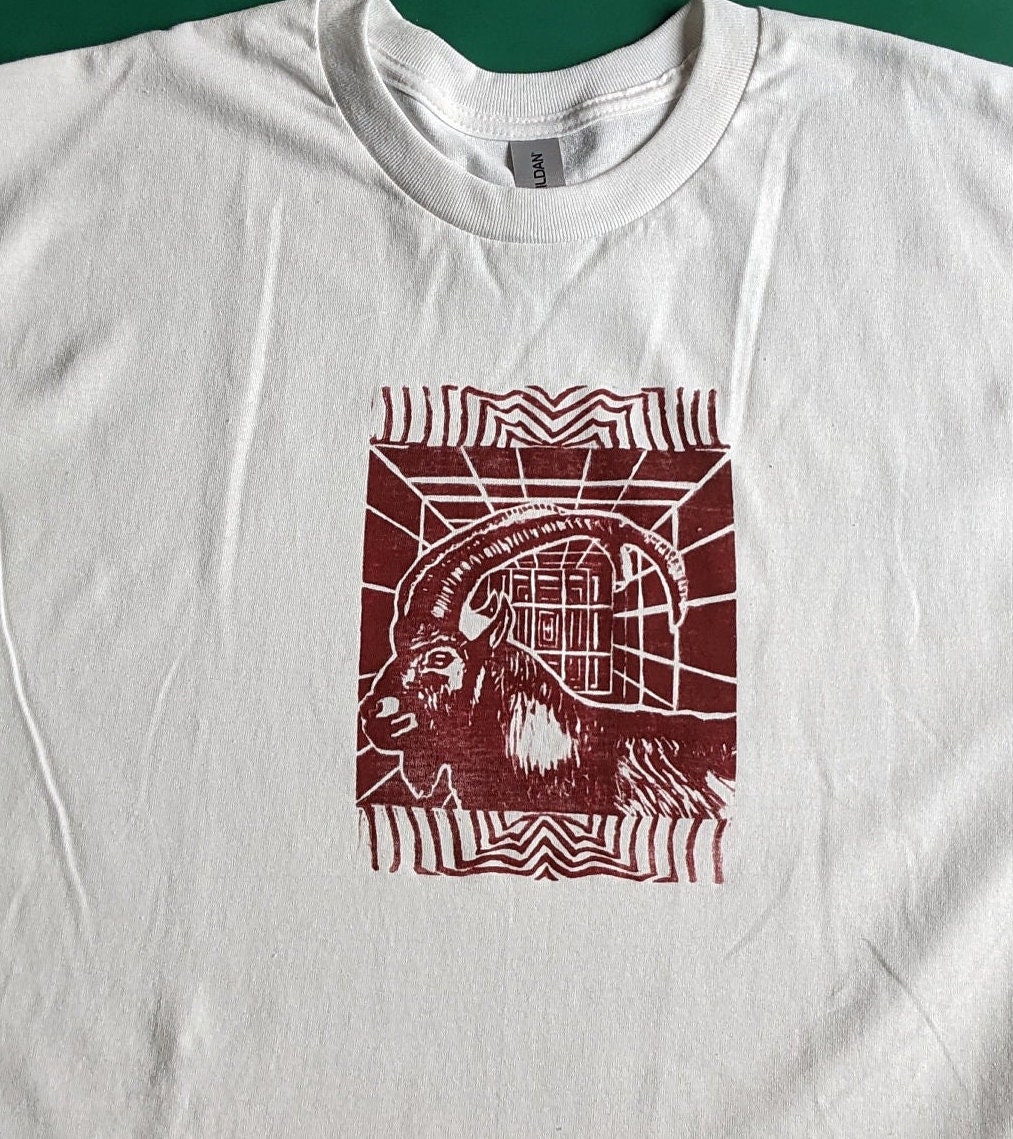 Trapped Ibex - Crimson Red on White T-shirt- Linocut Lino-printed ...