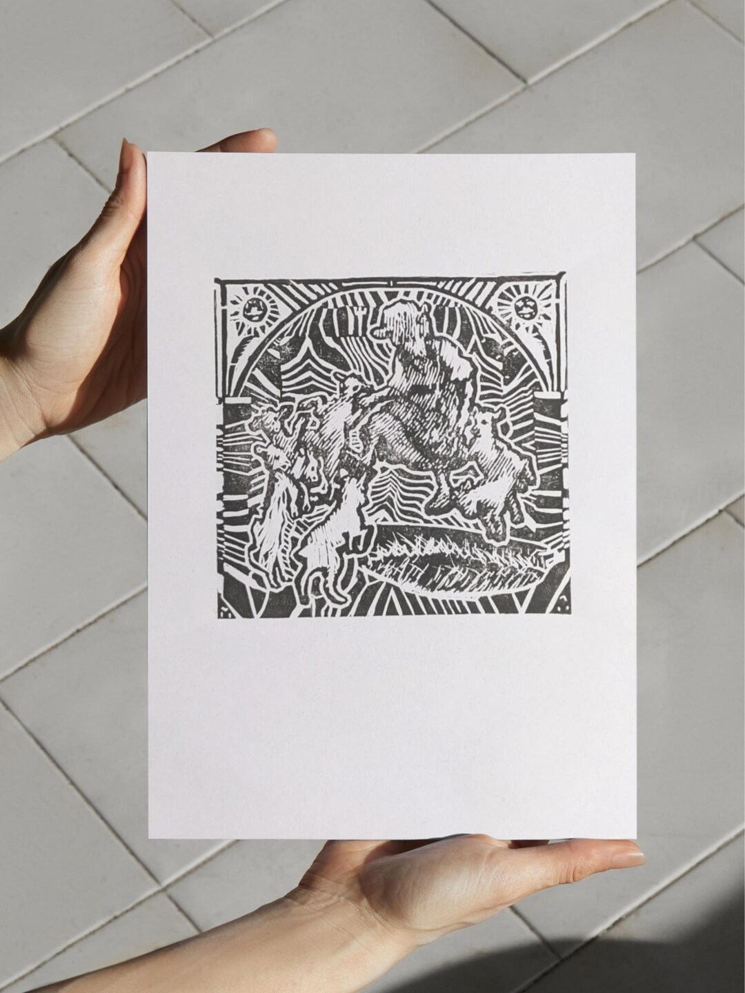 Wolf and Seven Lambs A4 Lino-print and Sticker / Folk Horror Cottage ...