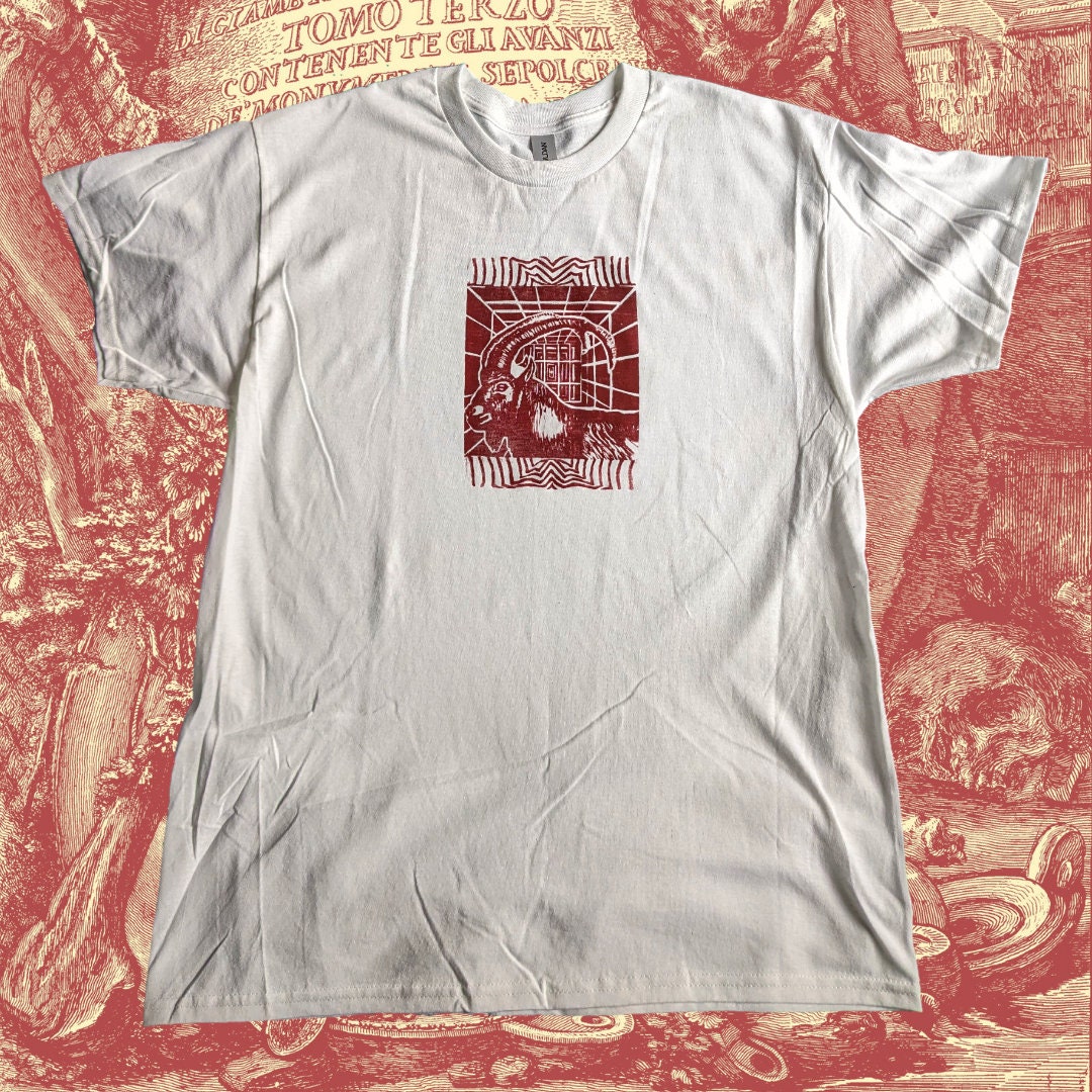 Trapped Ibex - Crimson Red on White T-shirt- Linocut Lino-printed ...