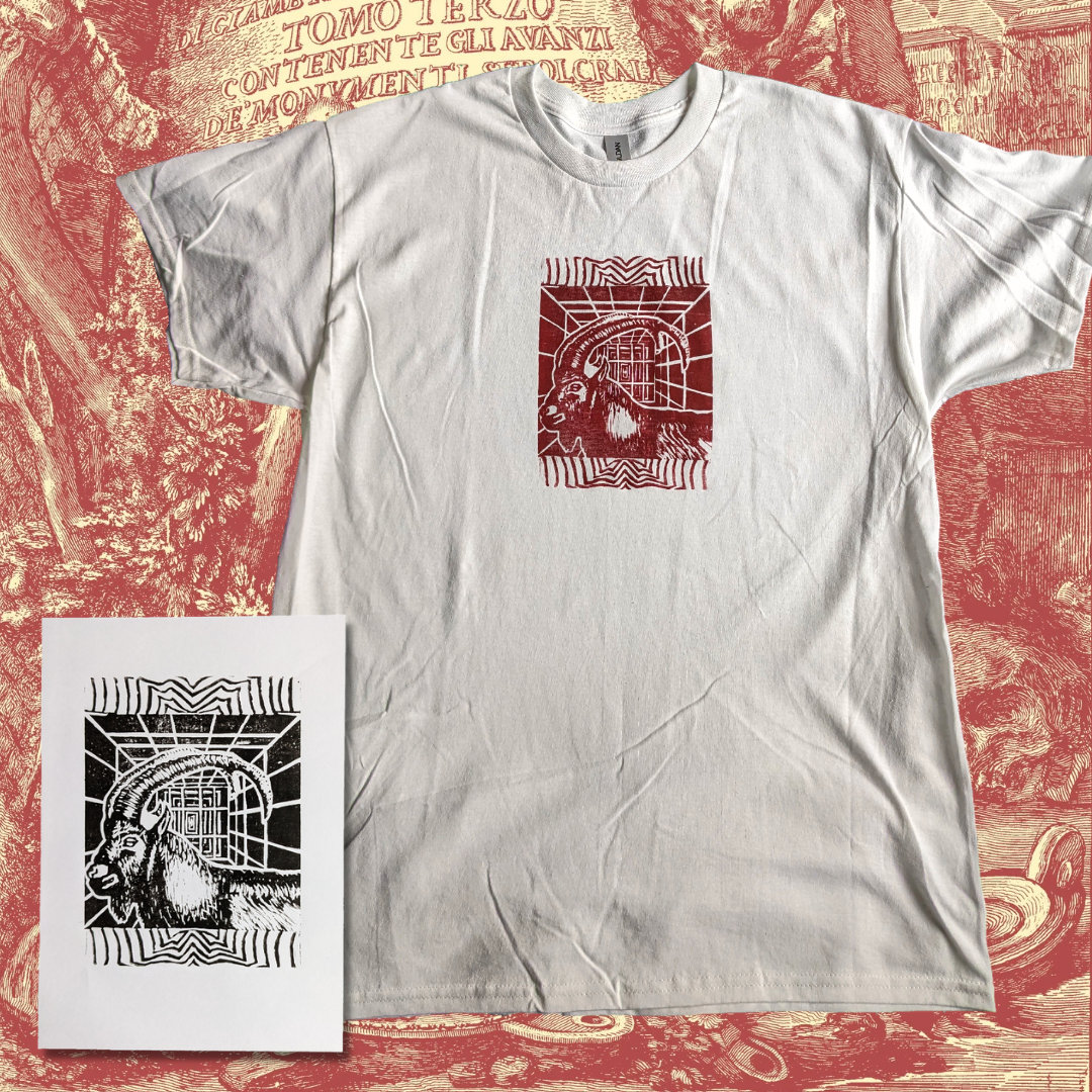 Trapped Ibex - Crimson Red on White T-shirt- Linocut Lino-printed ...