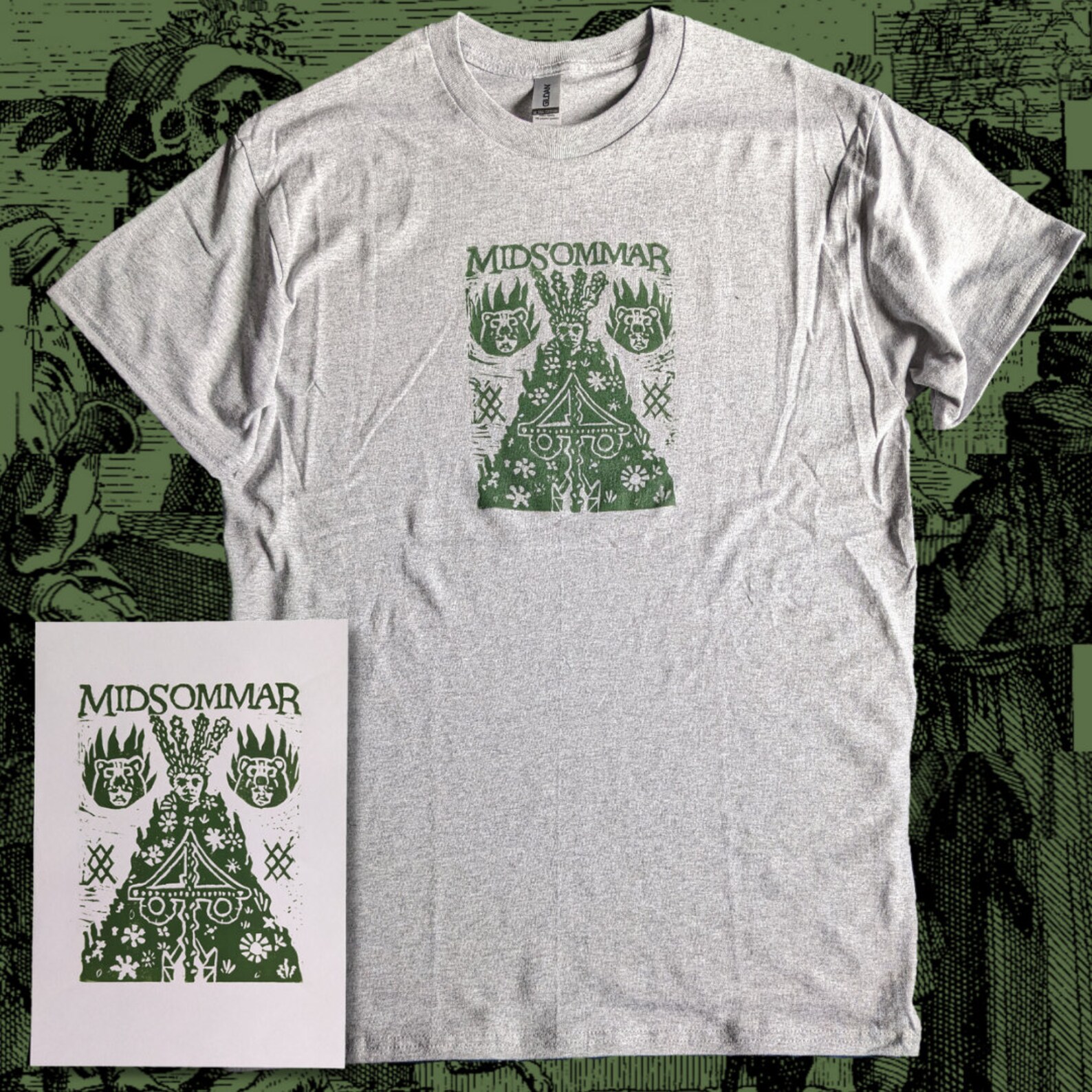 Midsommar-choose Your Shirt -green on Grey or Black on Yellow-linocut ...