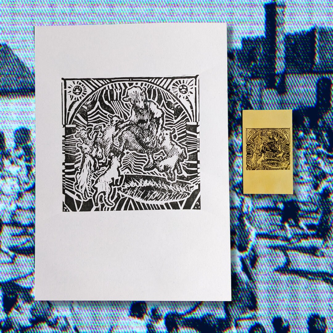 Wolf and Seven Lambs A4 Lino-print and Sticker / Folk Horror Cottage ...