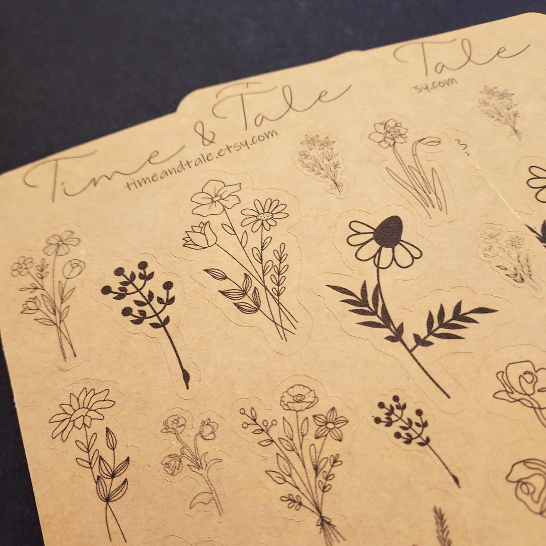 Floral Stickers. Rustic, Kraft Paper, Line Art Flower Sticker Sheet ...