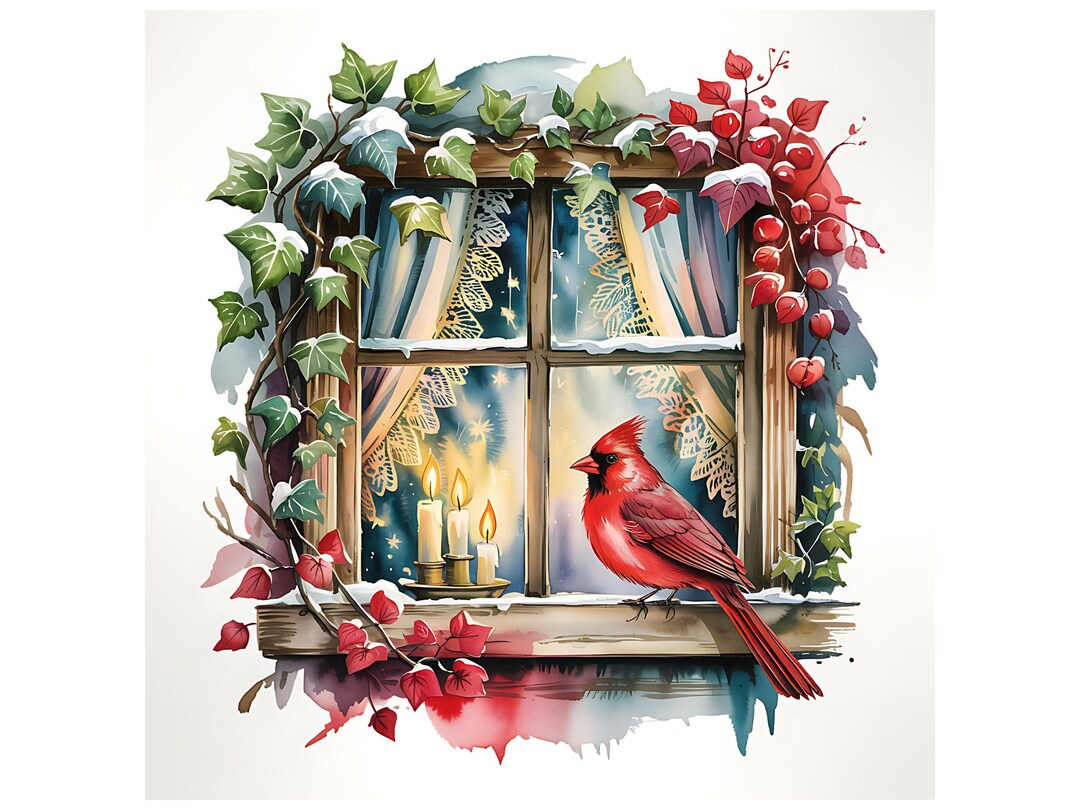 10 Red Cardinal Christmas Scene Clipart: Poinsettia JPG, Ornament JPG ...