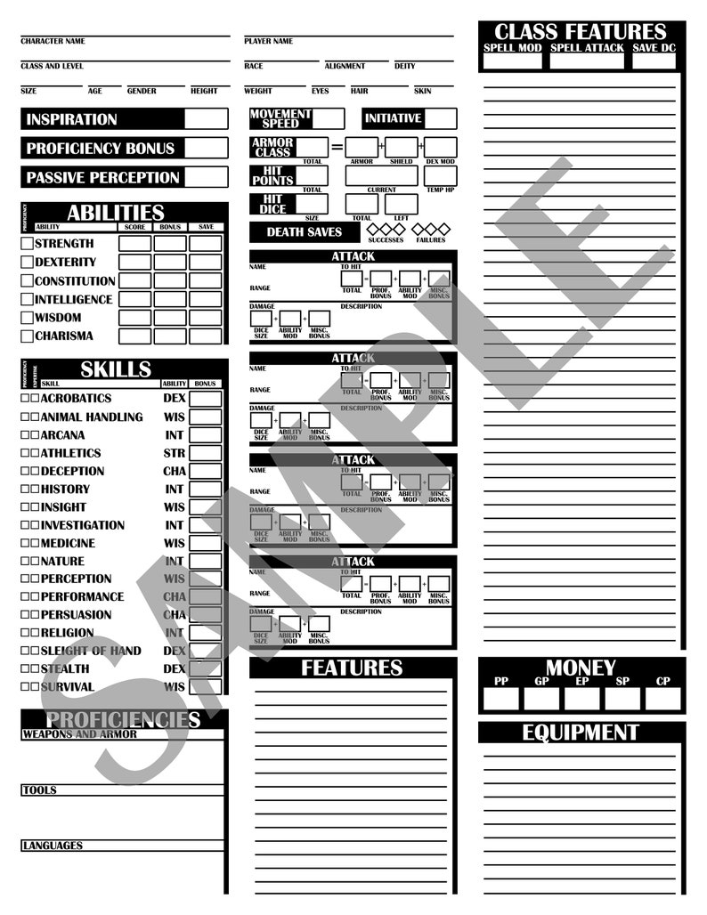 Character Sheet - D&D 5E - Etsy