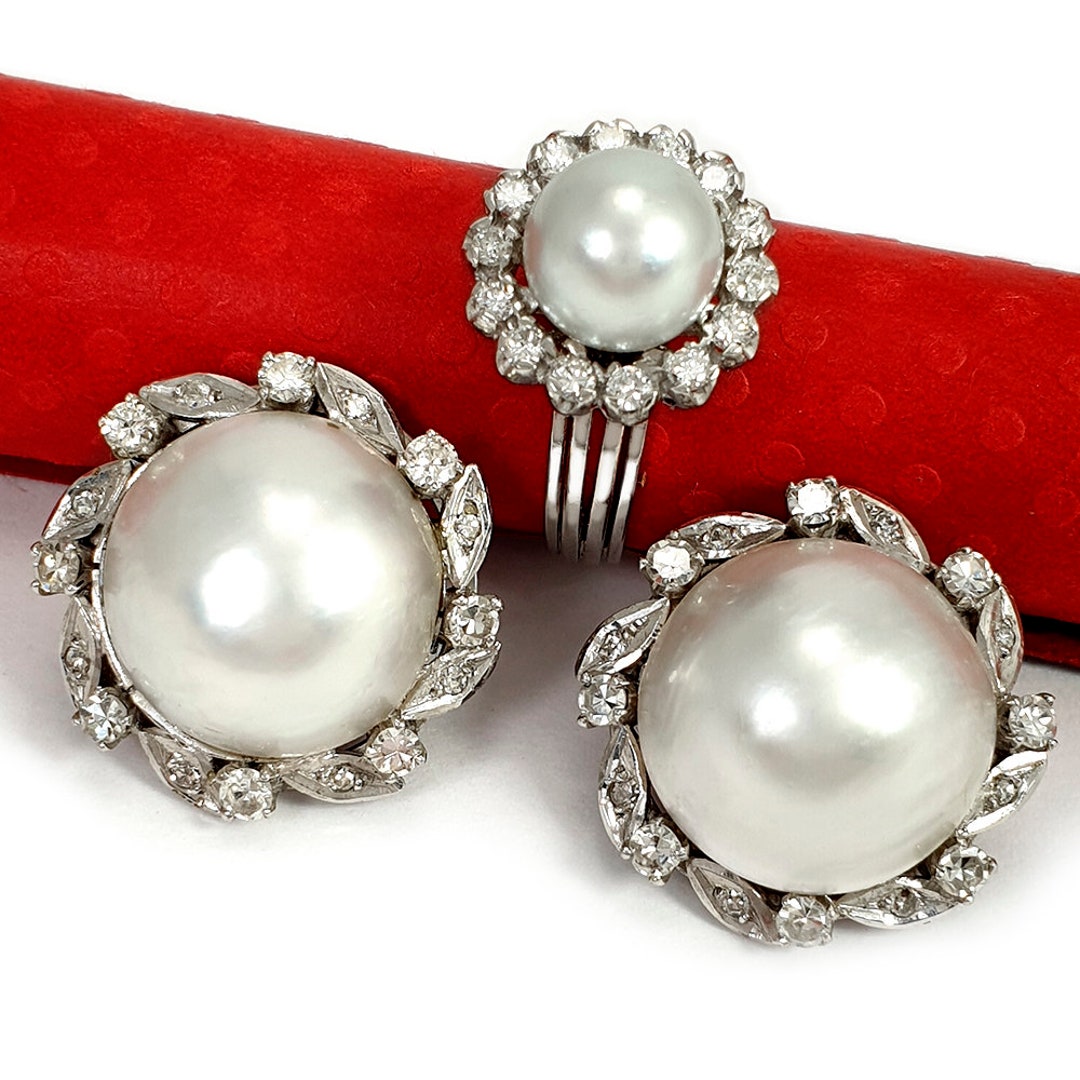 Mabe Pearls Set of Platinum and Diamonds Ring & Earring It's Handmade ...