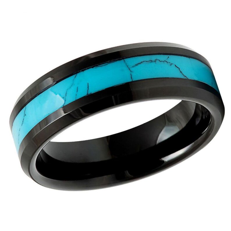 Blue Turquoise Inlay Black Tungsten Carbide Ring, Engraved Ring Promise ...