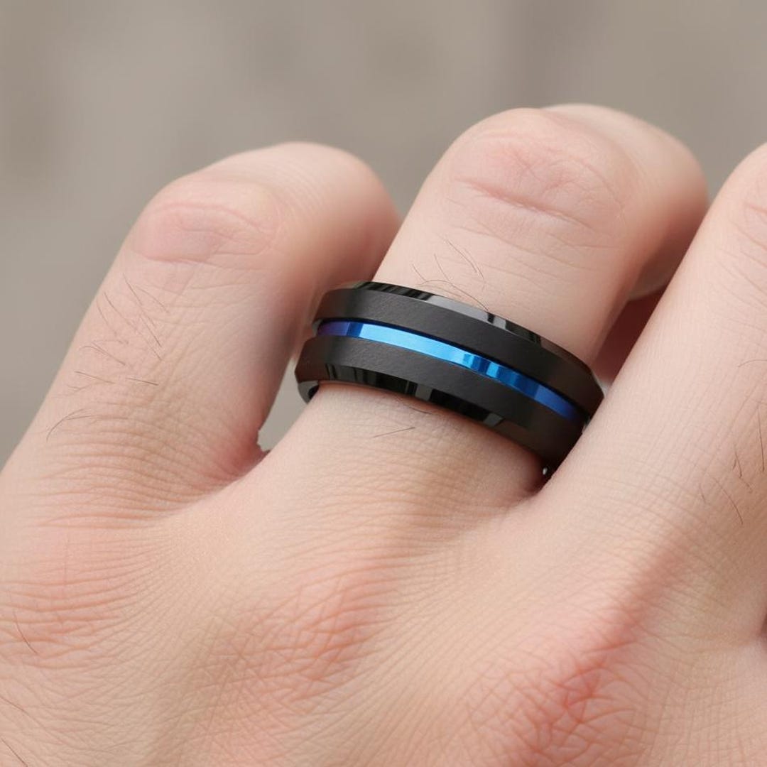 Blue Wedding Ring, Unique Wedding Band, Men's Tungsten Ring ...