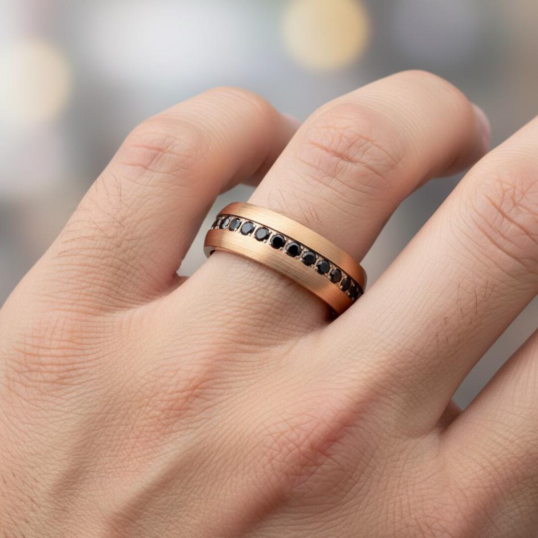 Rose Gold Tungsten Wedding Band, Men's Black Cubic Zirconia Ring ...