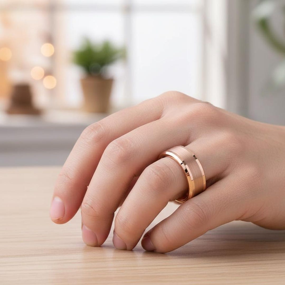 Rose Gold Tungsten Ring, Brushed Inlay Wedding Band 8MM Wide Ring ...