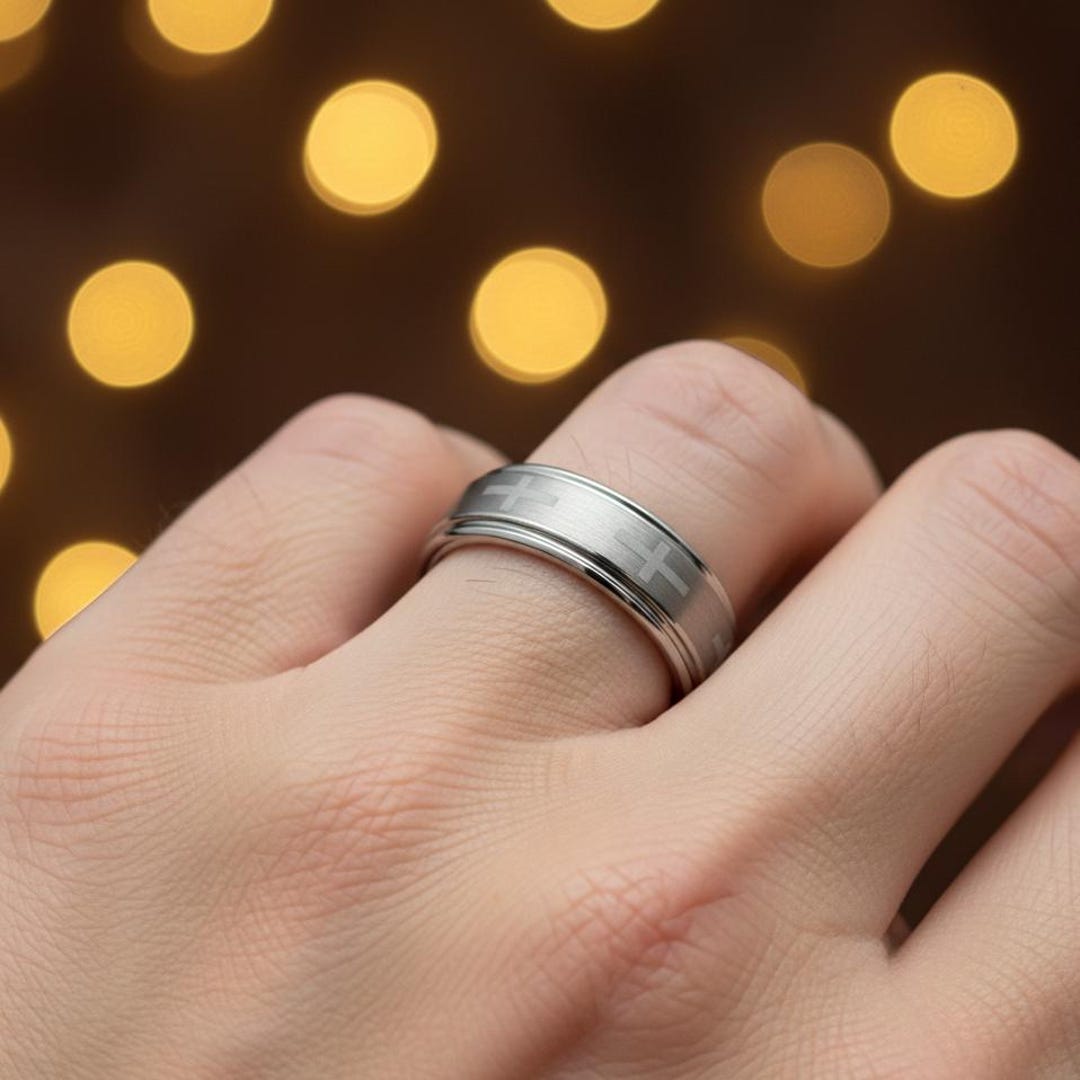 Brushed Silver Tungsten Cross Ring, Men's Wedding Band, 7mm Ring ...