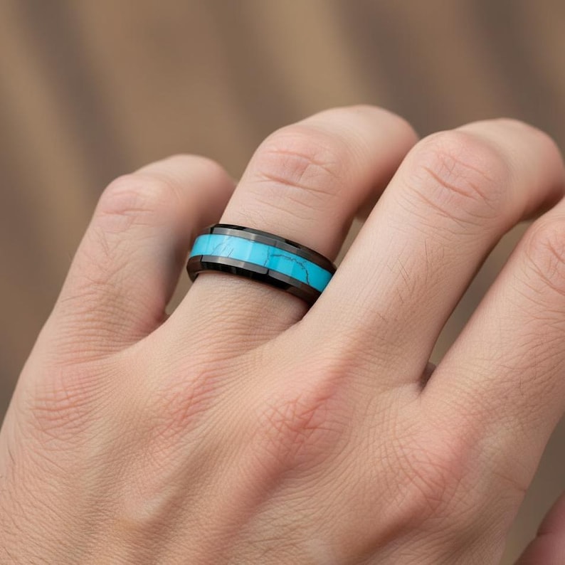 Blue Turquoise Inlay Black Tungsten Carbide Ring, Engraved Ring Promise ...