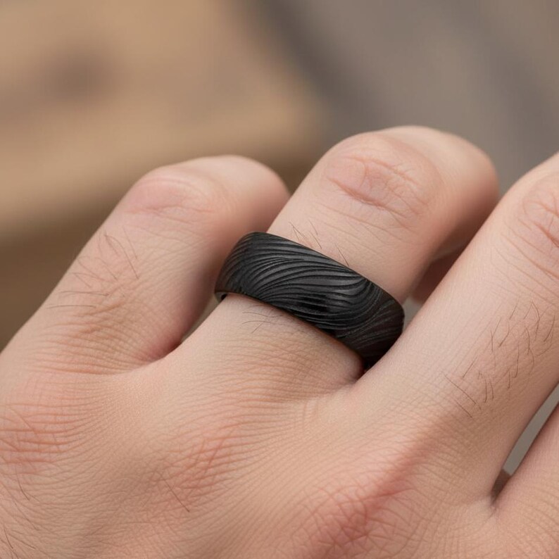 Damascus Pattern Black Tungsten Ring, 8mm Domed Band, Men's Ring ...