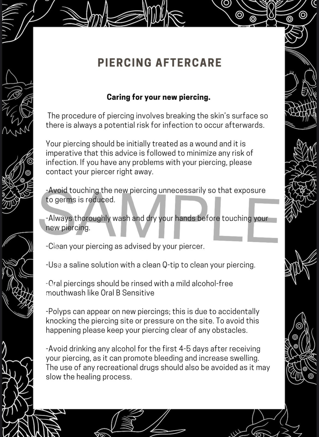 Printable Piercing Aftercare Form - Etsy