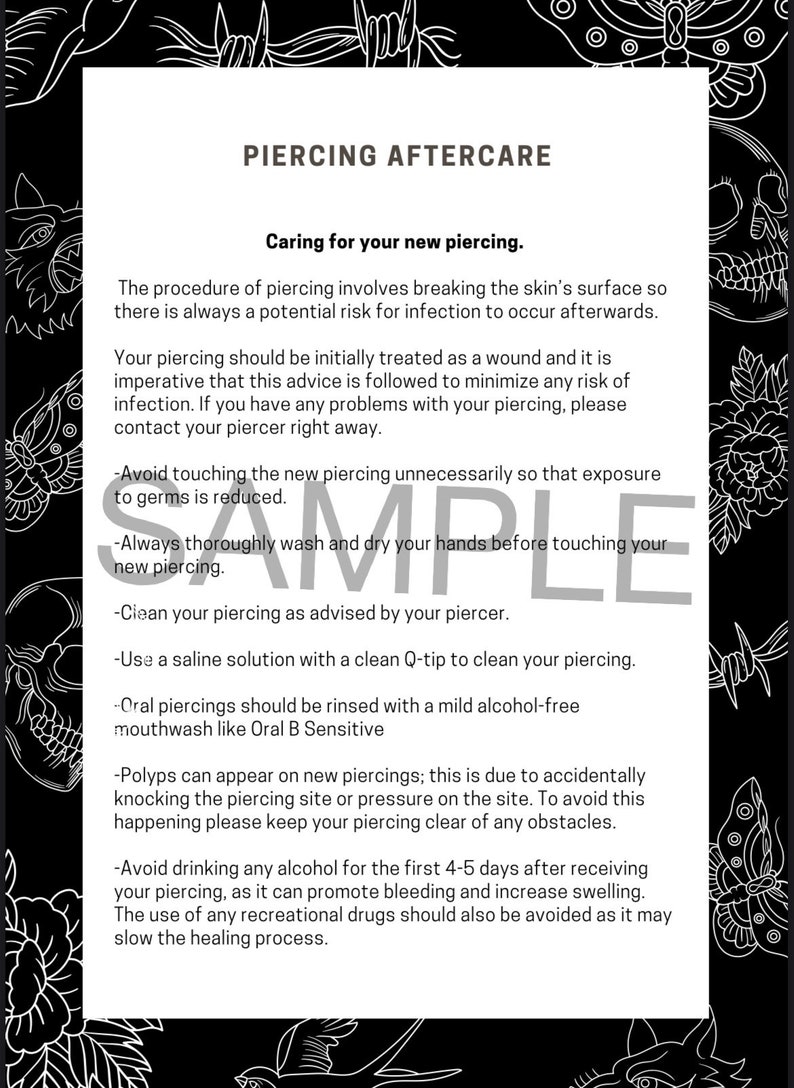 Printable Piercing Aftercare Form - Etsy