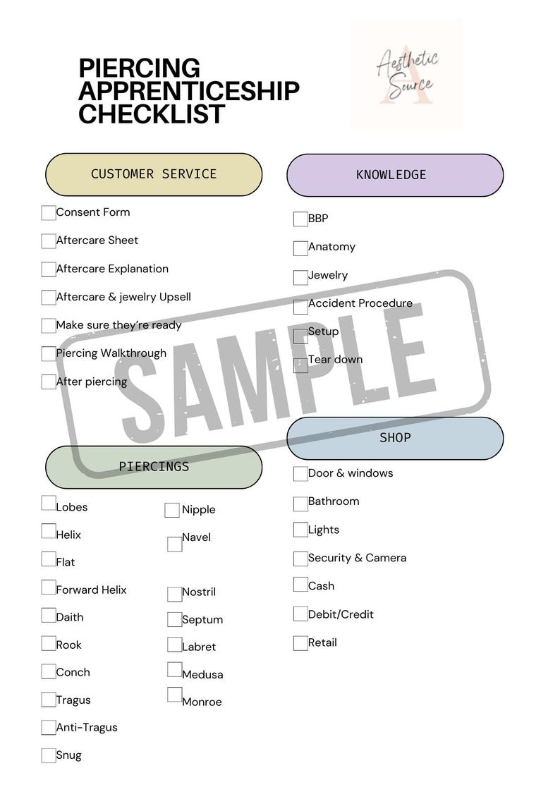 Editable Piercing Apprentice Checklist - Etsy Canada