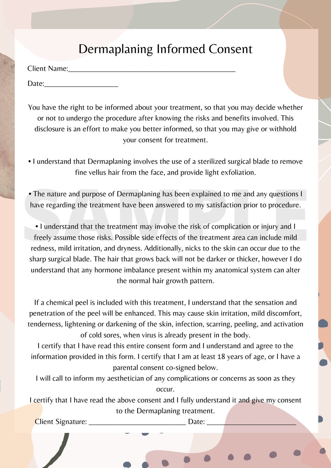 Printable Dermaplaning Facial Informed Consent Form - Etsy
