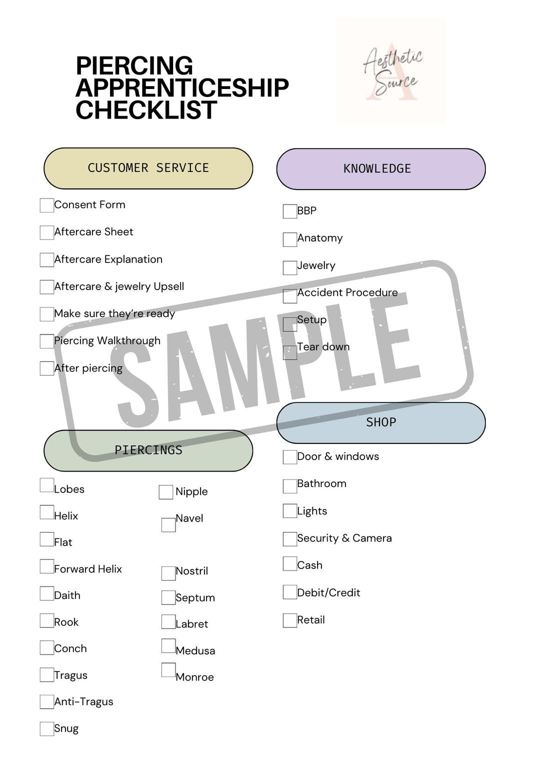 Printable Piercing Apprentice Checklist Package - Etsy