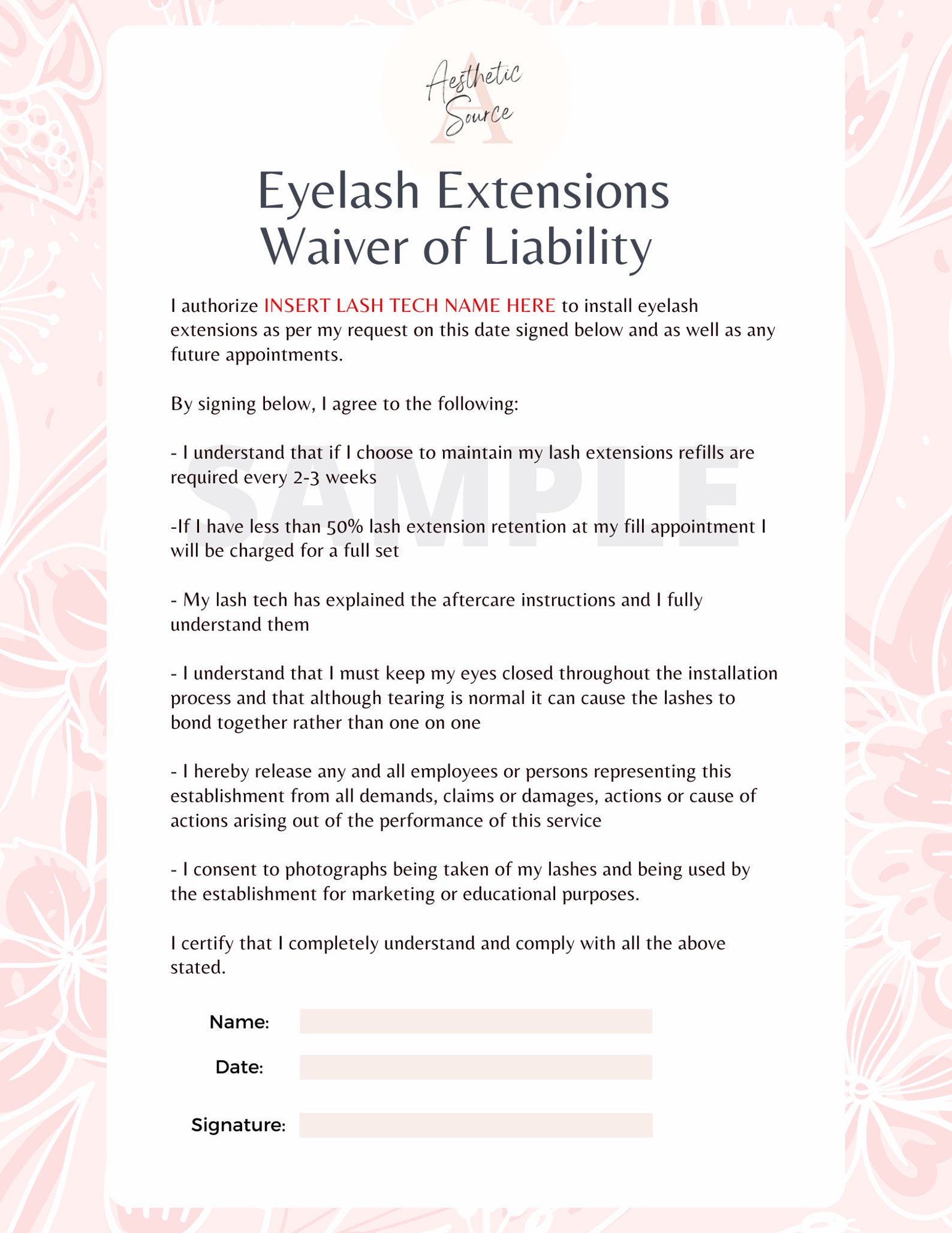 Eyelash Extensions Forms Package Editable Template - Waiver and ...