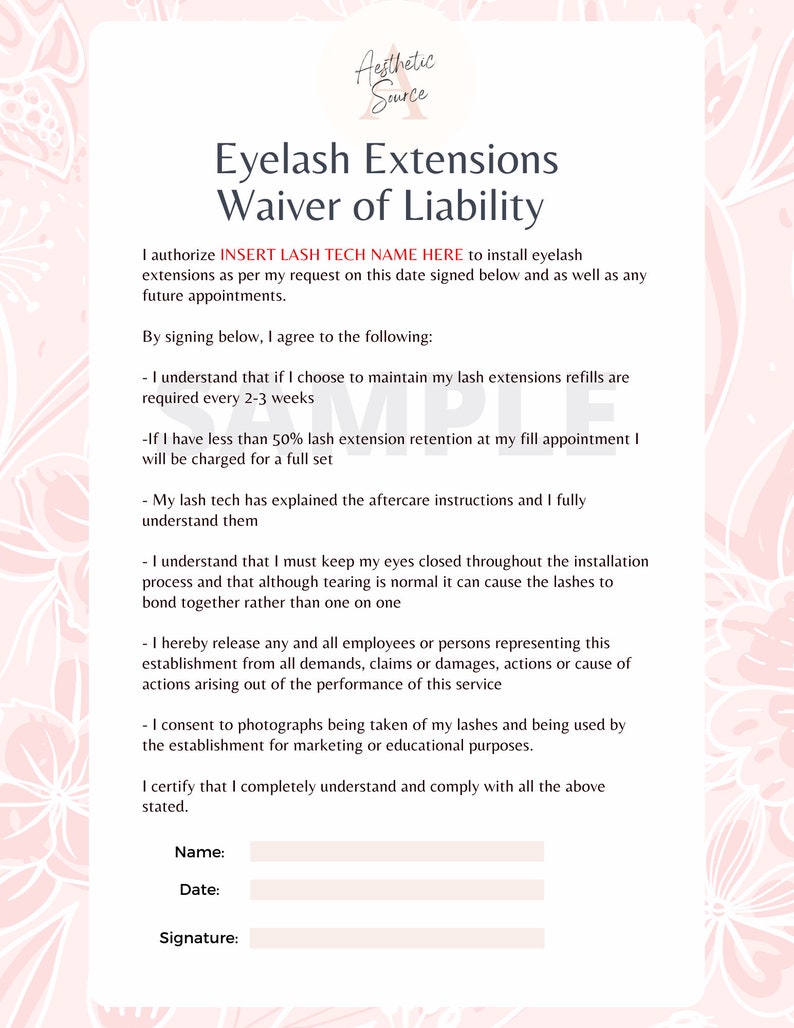 Eyelash Extensions Forms Package Editable Template - Waiver and ...