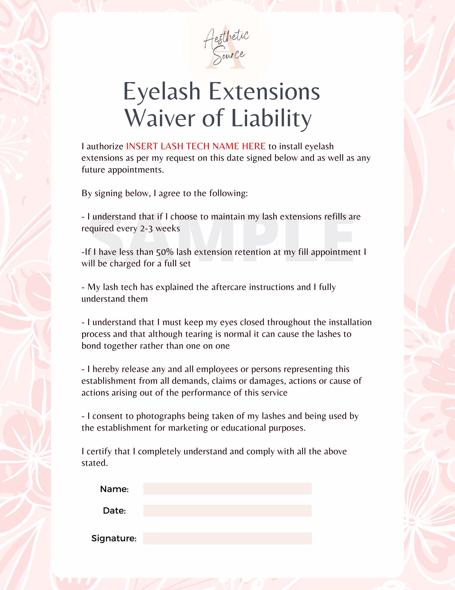 Eyelash Extensions Forms Package Editable Template - Waiver and ...