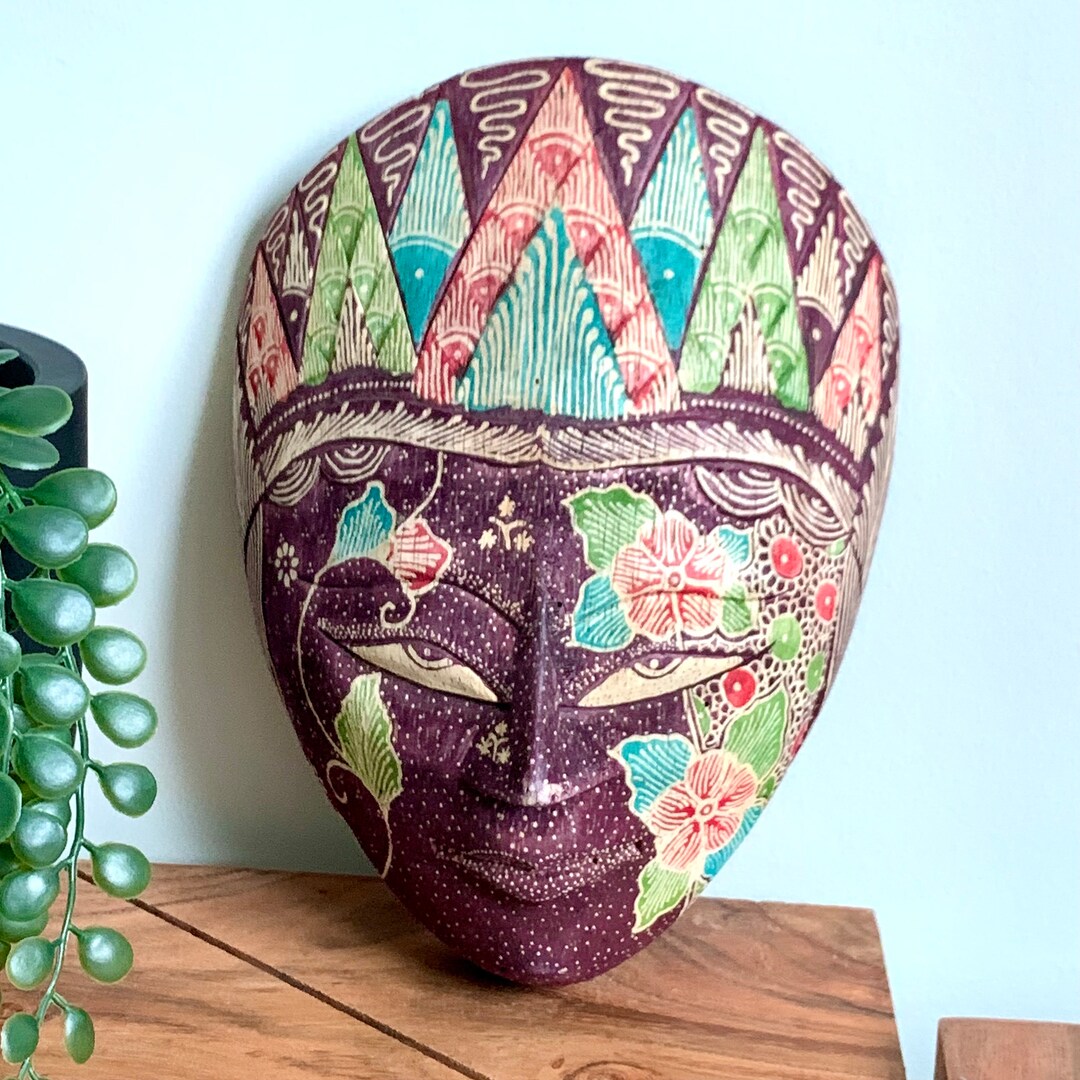 Vintage Balinese Wood Batik Mask, Finely Detailed, Hand Painted Ethnic ...