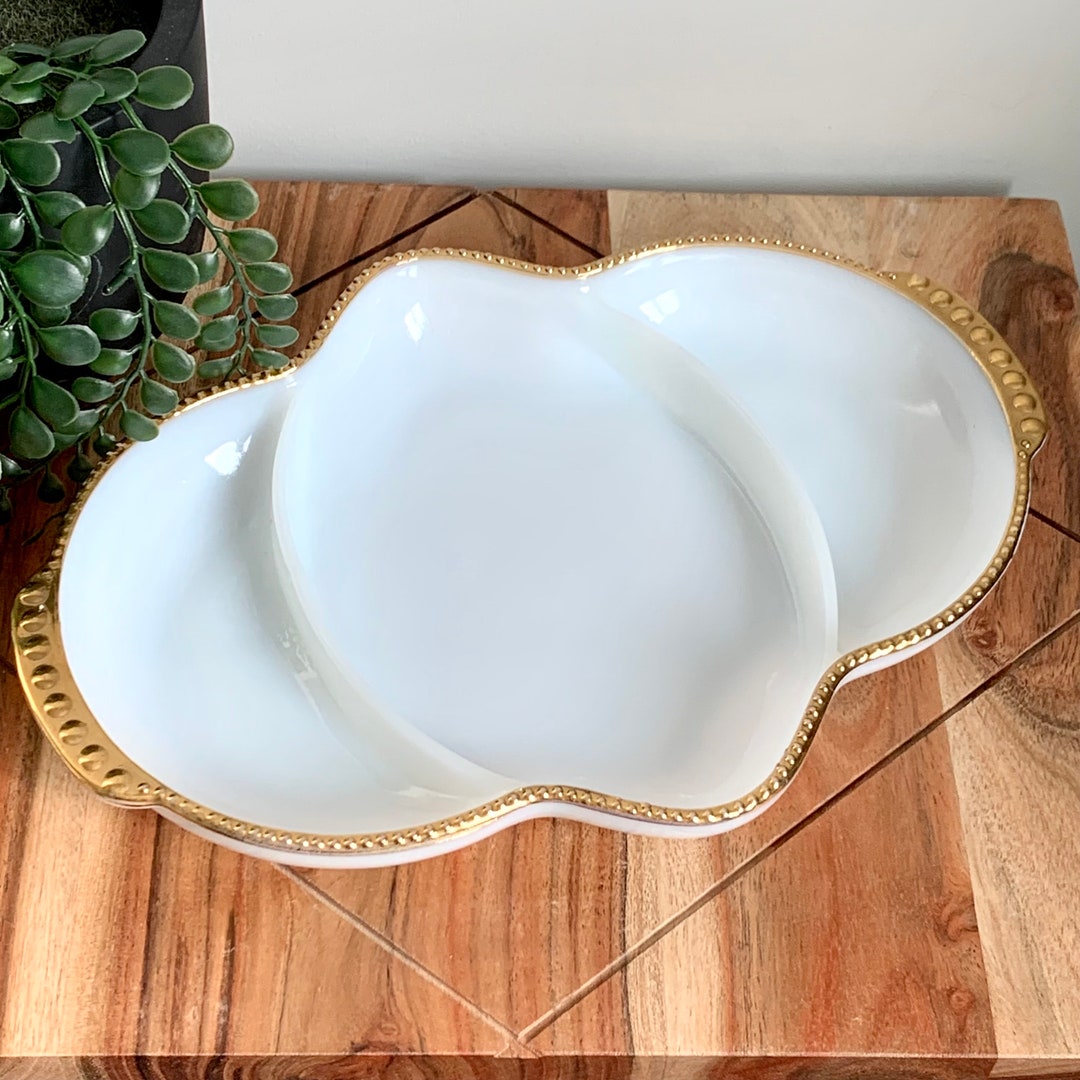 Vintage FIRE KING Milk Glass Divided Dish With Beautiful Gold Trim ...