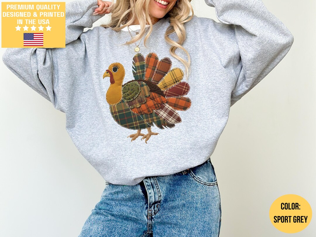Thanksgiving Turkey Sweatshirt, Faux Patchwork, Print Crochet Turkey ...