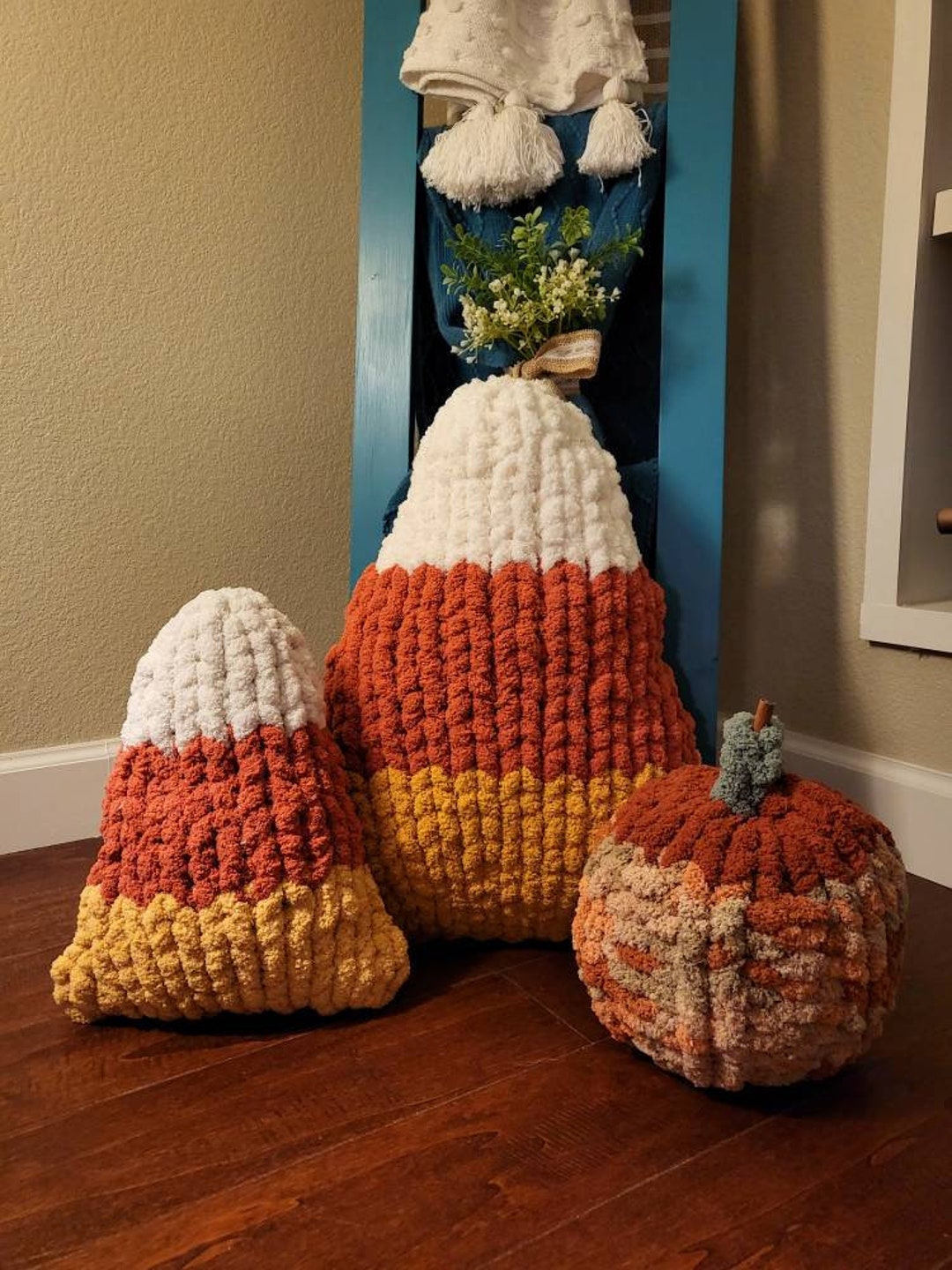 PUMPKINS &candy Corn Pillow Decor Hand-made / Hand-knit - Etsy