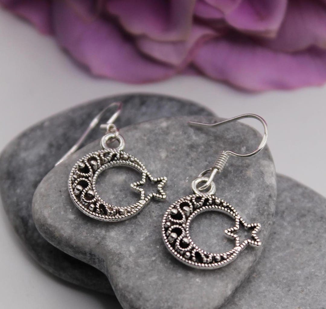 Silver Filigree Crescent Moon and Star Earrings With 925 Sterling ...