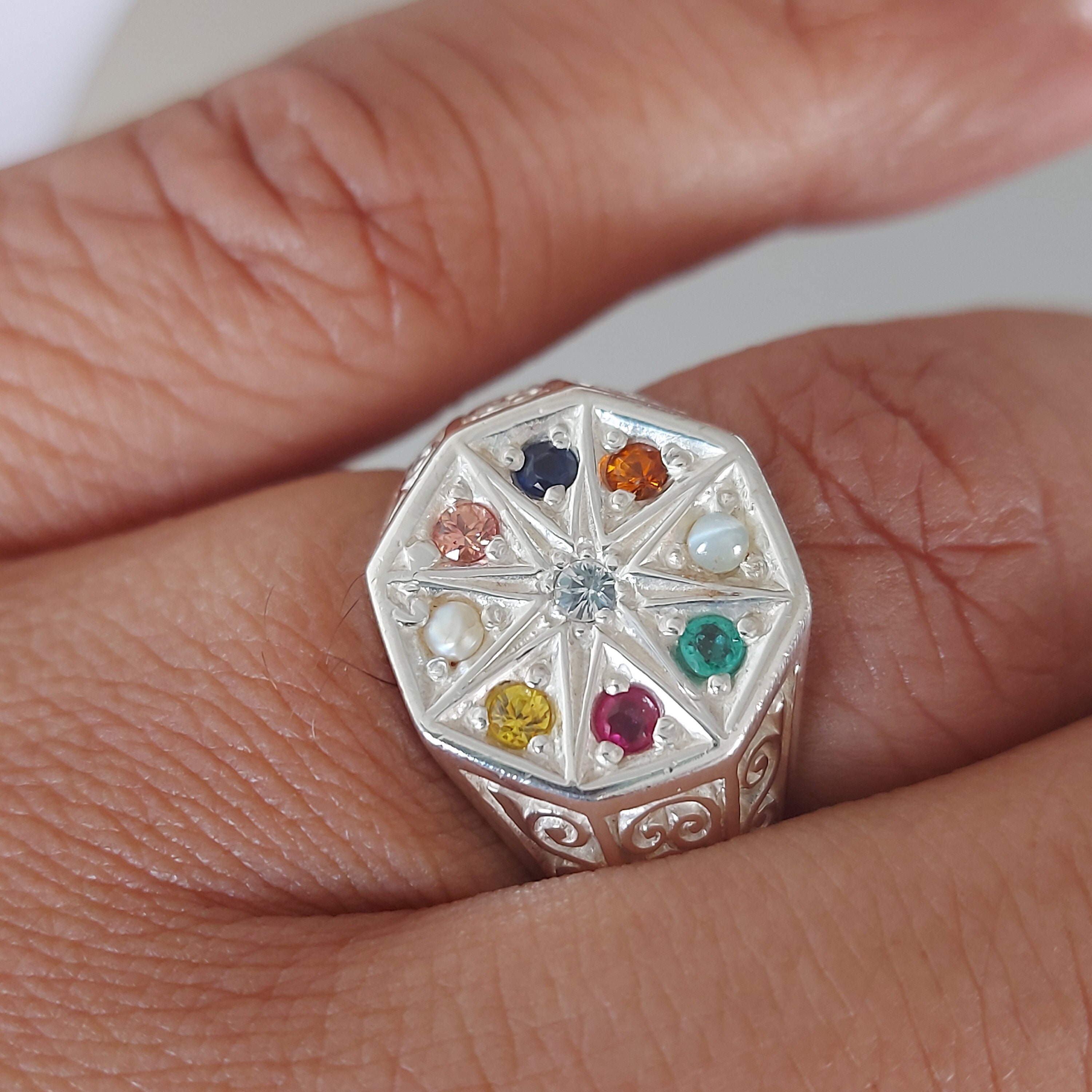 Silver Navaratna Gents Ring, Custom Hand Carved and Made With a Unique ...