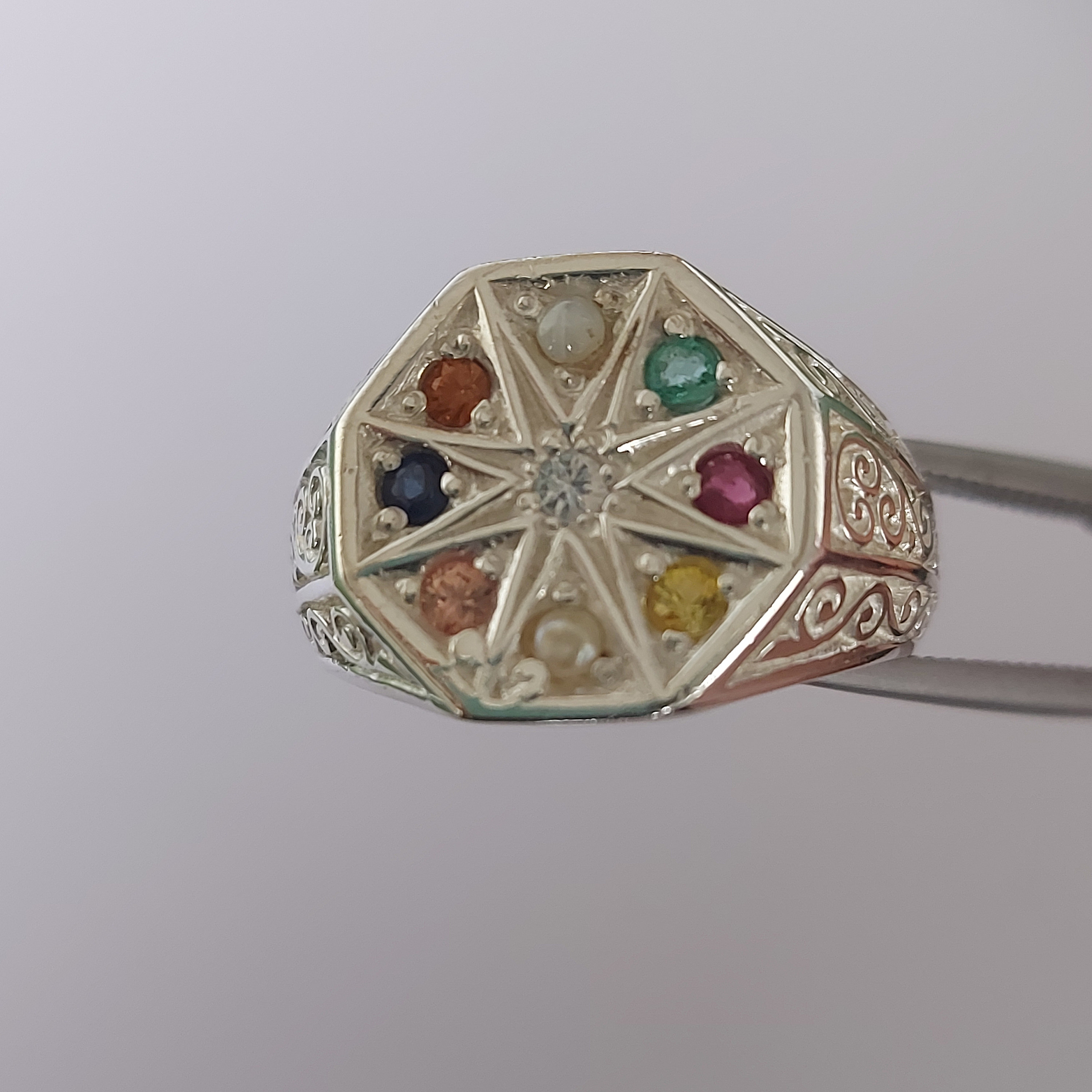 Silver Navaratna Gents Ring, Custom Hand Carved and Made With a Unique ...