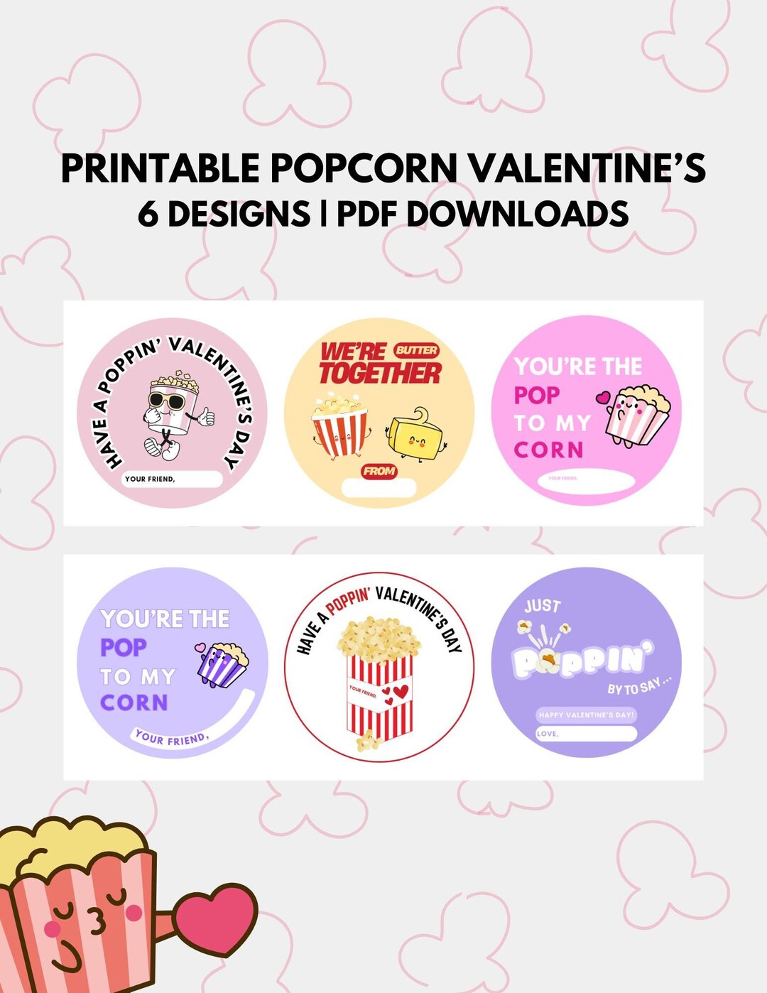 Printable Popcorn Valentine, Kids Valentine's Day Card, Boy Girl ...