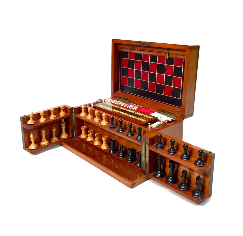Antique 19th Century Victorian Games Compendium Box / Wooden Cabinet C ...