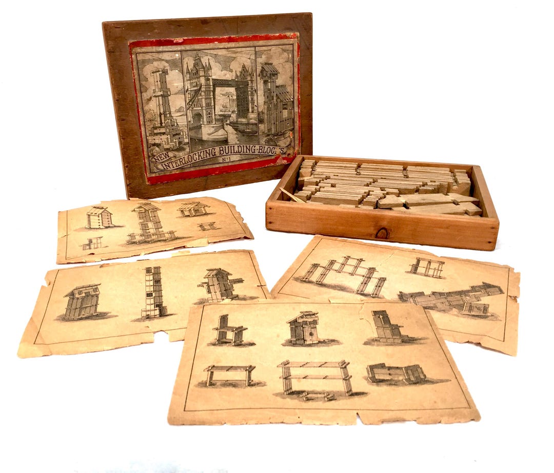 Antique 19th Century Wooden Interlocking Building Block Game / Boxed ...
