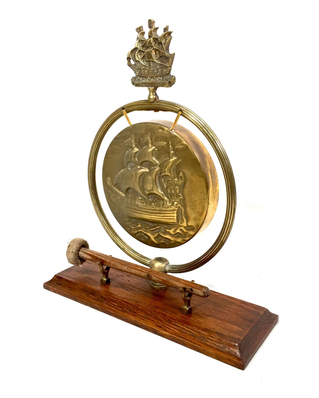 Antique Brass Gong With Galleon Ship Design – Wooden Oak Stand & Mallet ...