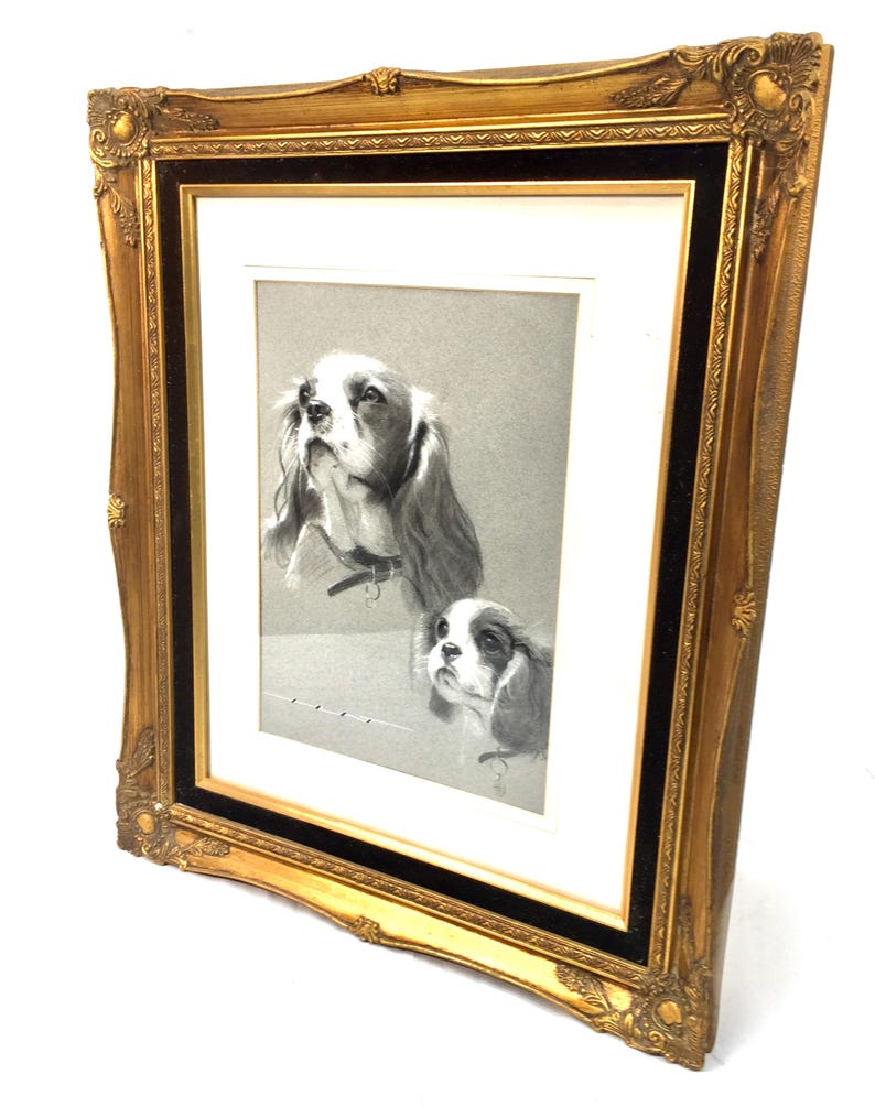 Vintage Framed Cavalier King Charles Spaniel Dog Sketch Picture by ...