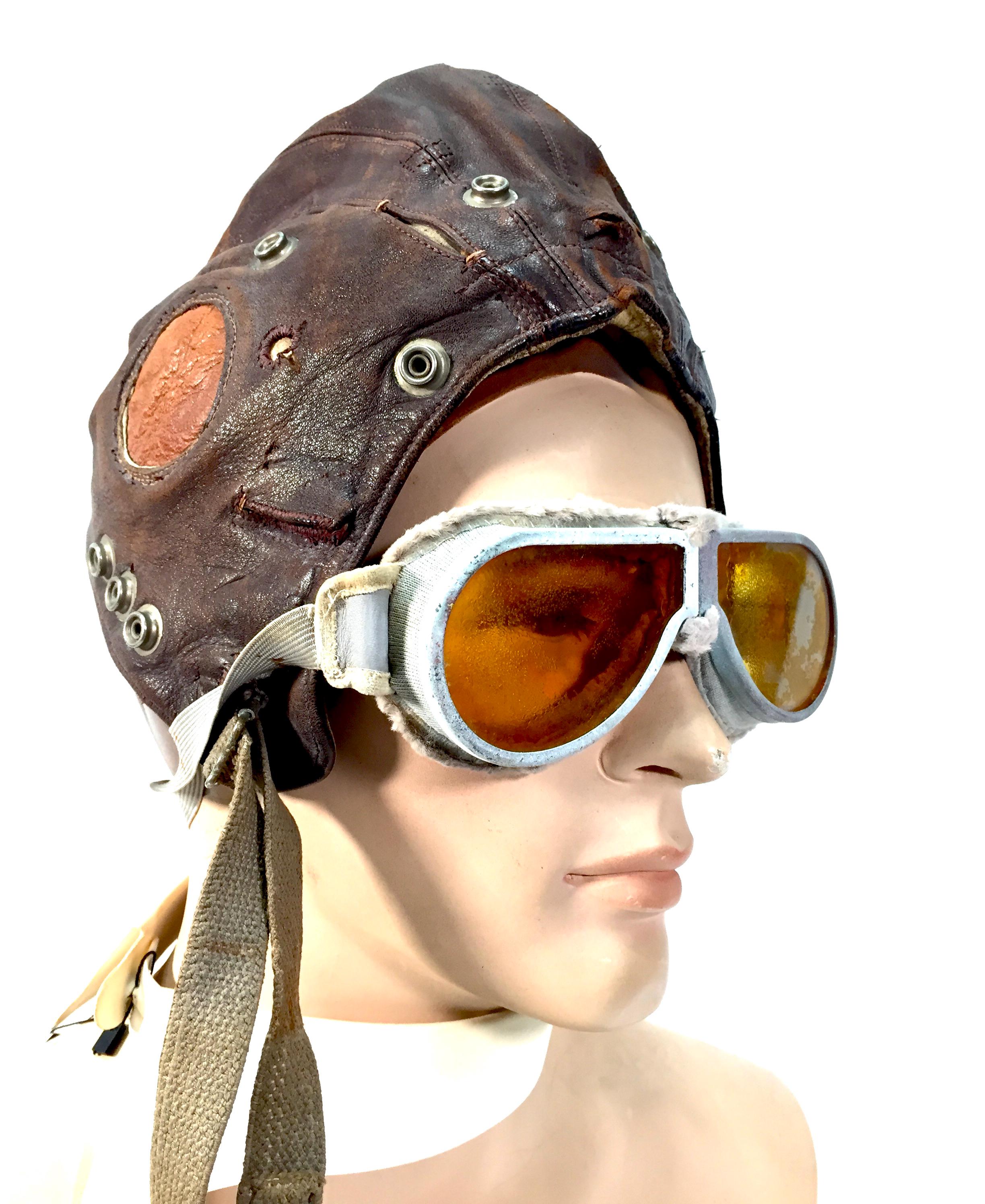 Antique 1940s Brown Leather Flying Cap & Goggles / Car Racing / RAF ...
