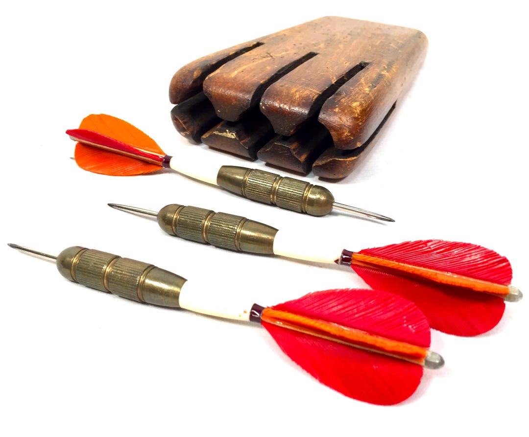Antique 20th Century Wooden Cased Set of Brass Darts With Flights C ...