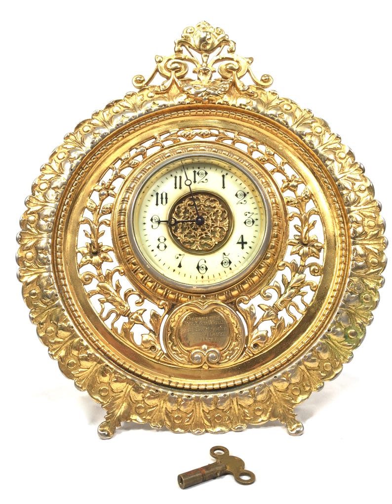 Antique Victorian Presentation Mantle Free Standing Gilt Metal Clock C ...