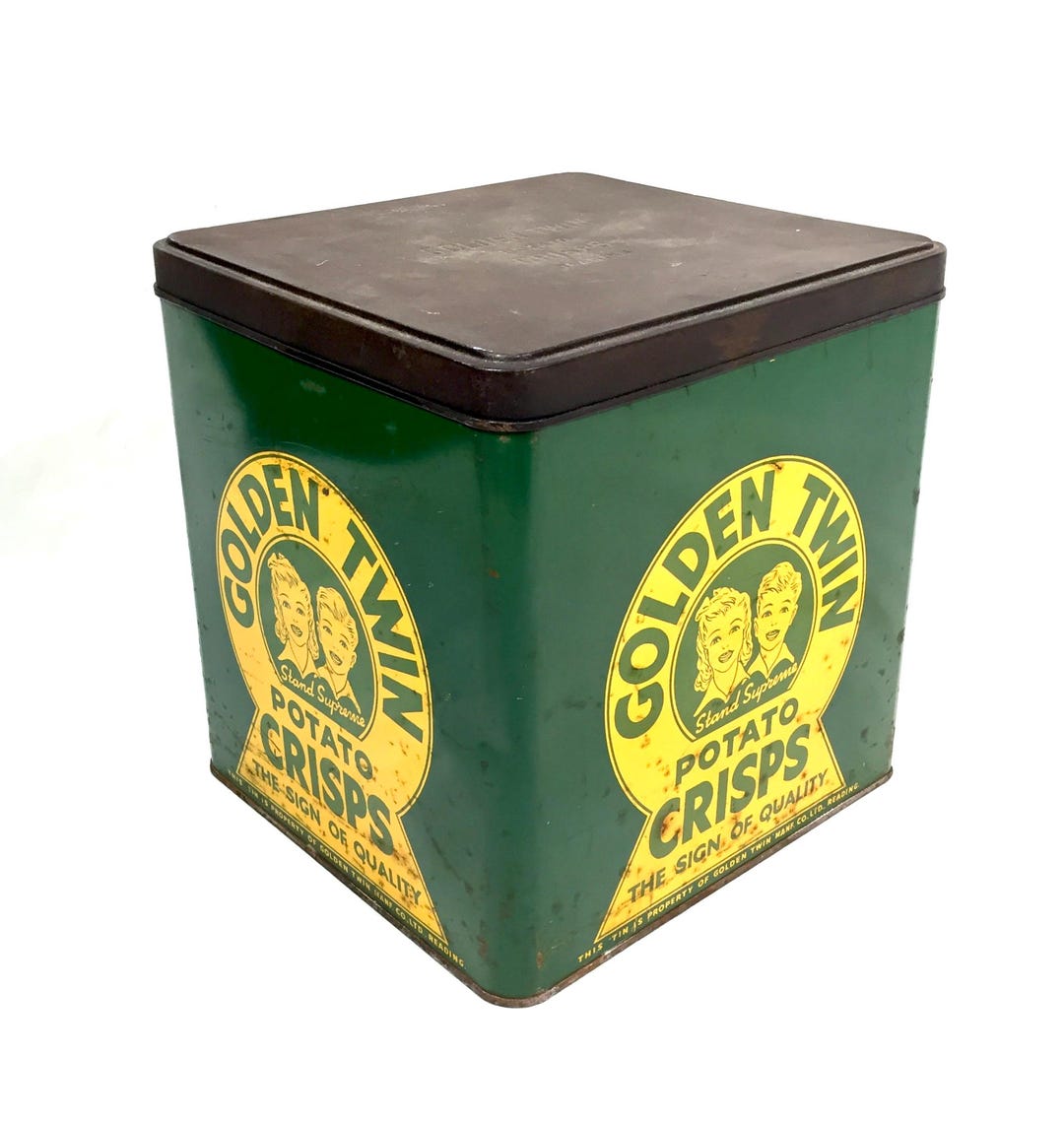 Antique Advertising - Rare Shop Display Golden Twin Potato Crisps Tin C ...
