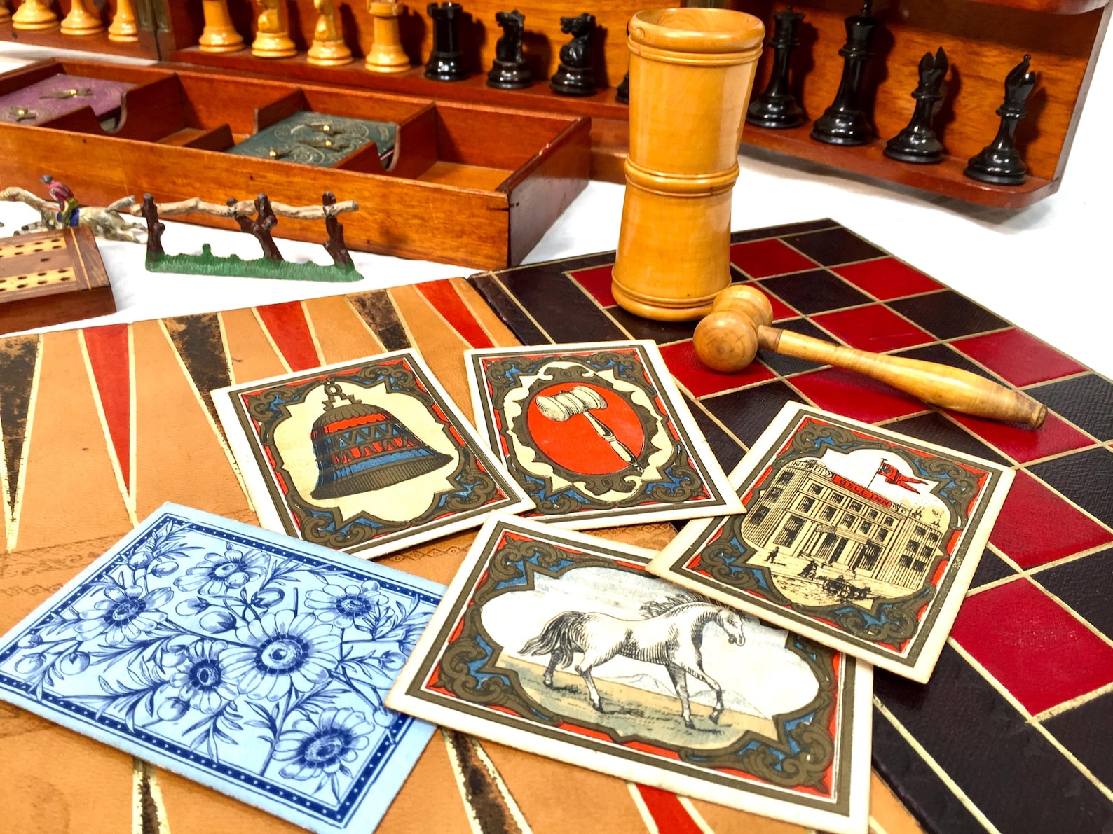 Antique 19th Century Victorian Games Compendium Box / Wooden Cabinet C ...