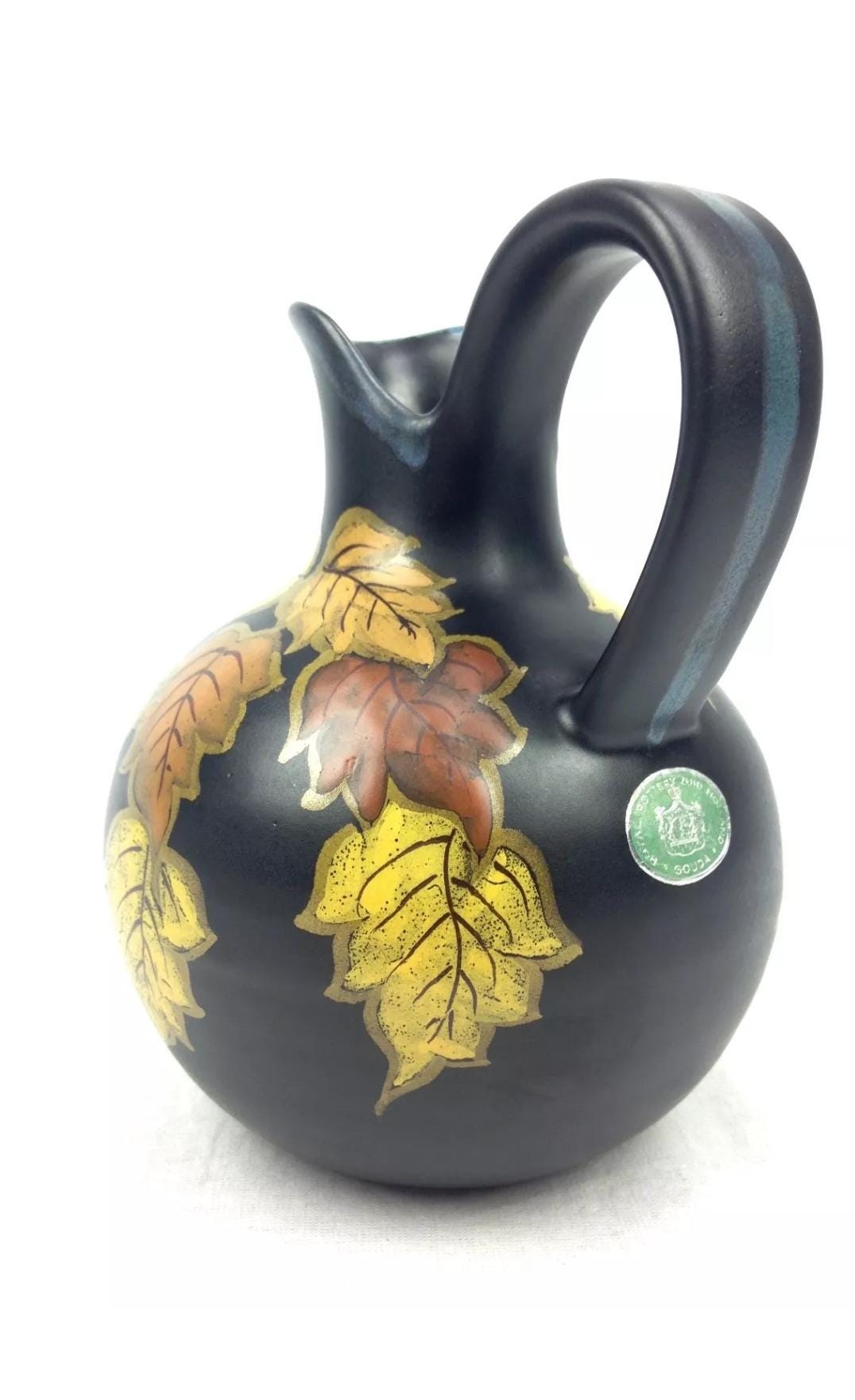 Gouda Pottery Vase Jug 1930's / 40's Black - Yellow - Orange Leaf ...