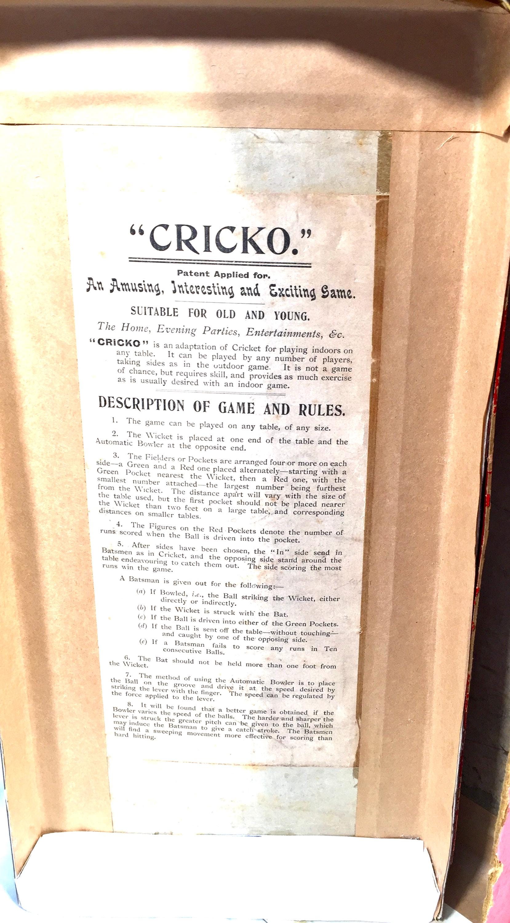 Antique Tabletop Cricket Game Toy in Original Box by the Cricko Company ...