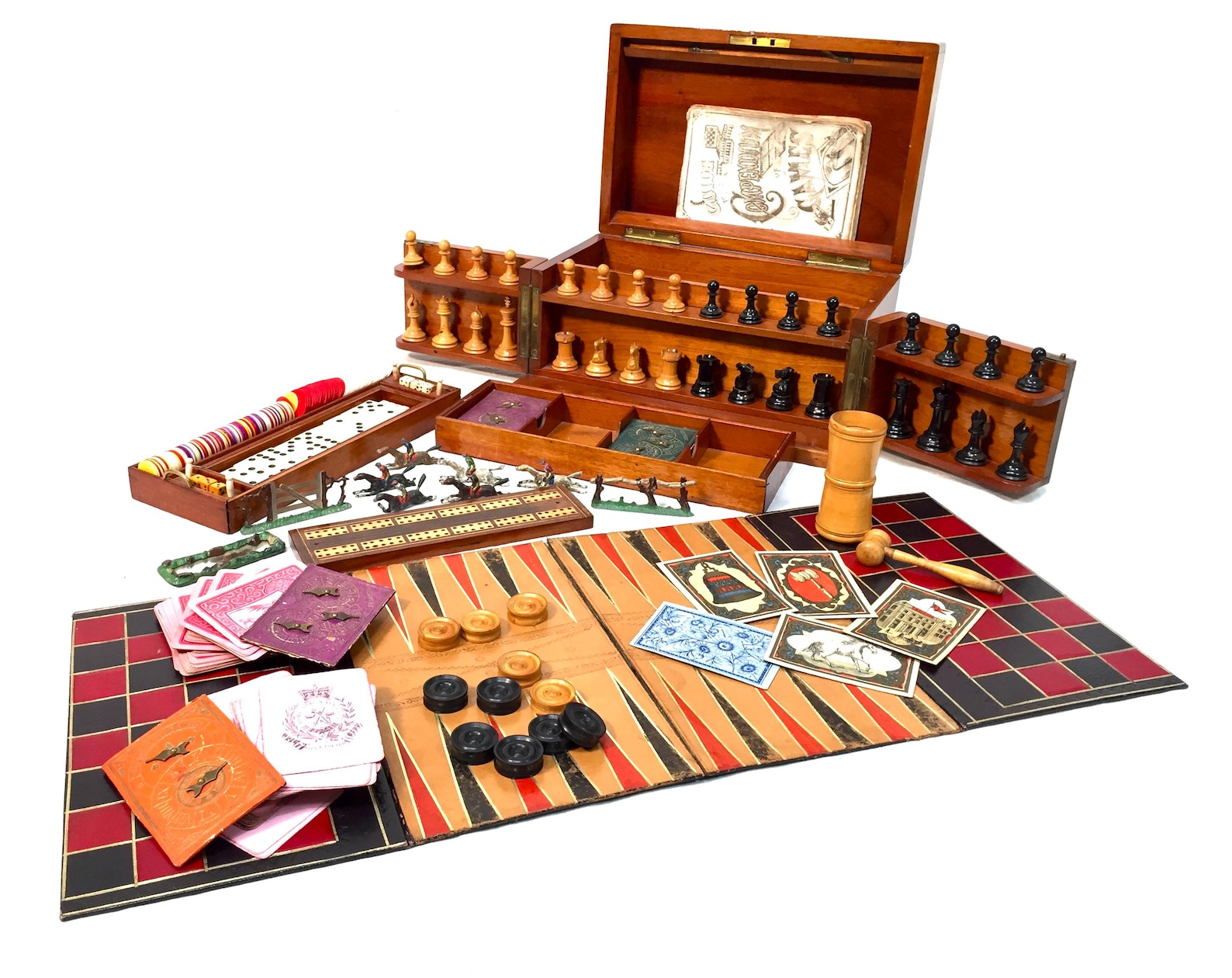 Antique 19th Century Victorian Games Compendium Box / Wooden Cabinet C ...