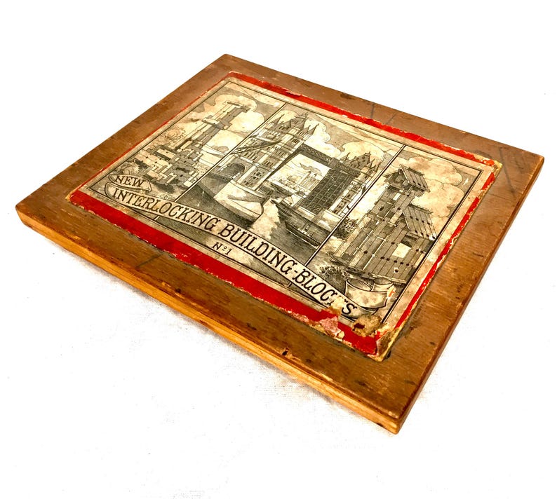 Antique 19th Century Wooden Interlocking Building Block Game / Boxed ...
