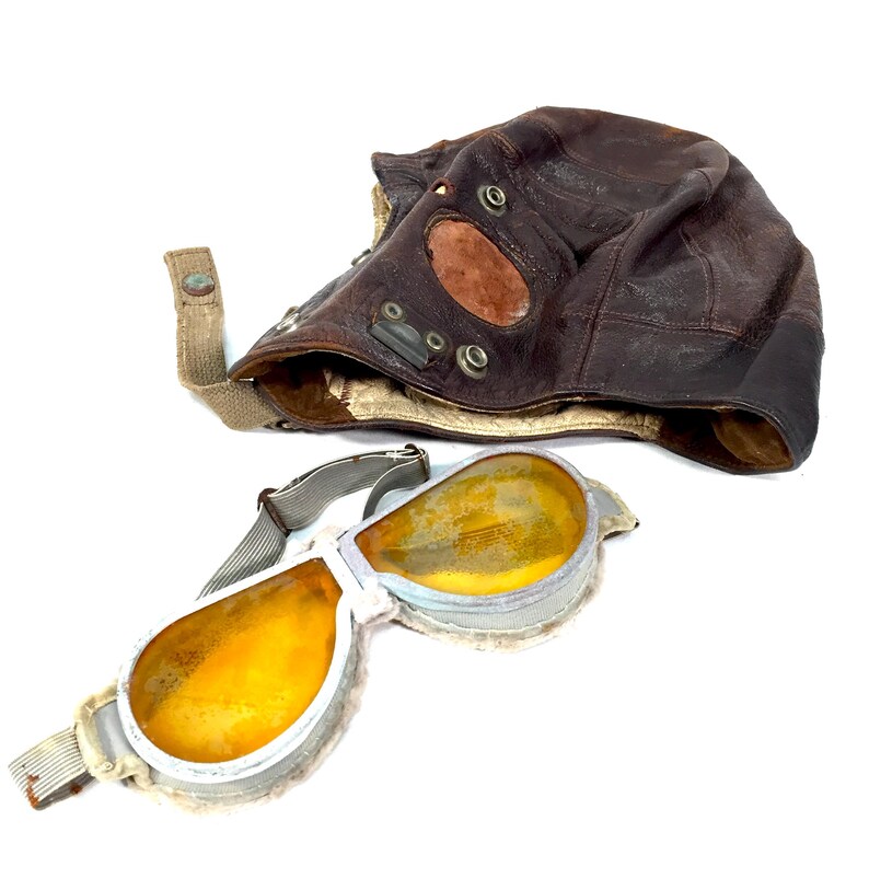 Antique 1940s Brown Leather Flying Cap & Goggles / Car Racing / RAF ...