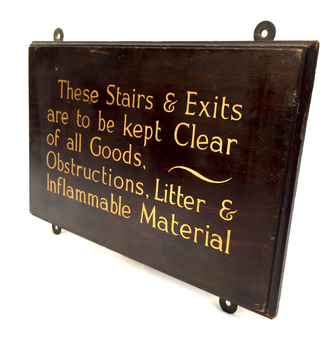 Antique Advertising Wooden Oak Fire Exit Warning Wall Sign Salvaged / C ...