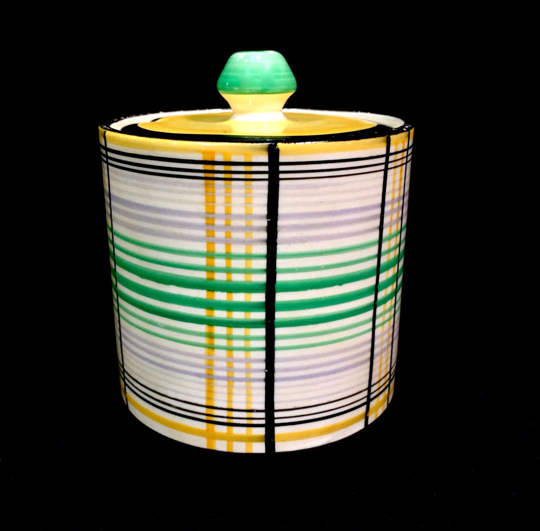 Antique Clarice Cliff - Tartan Green Drum Shaped Preserve Pot / Art ...
