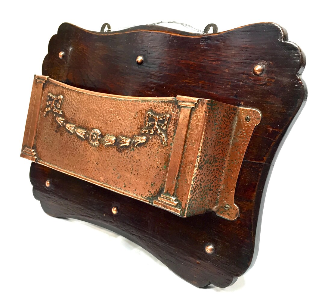 Antique Oak & Copper Wall Hanging Letter Rack / Key Holder Storage Box ...